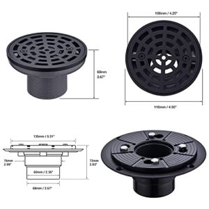 4 1/4 Inch Round Shower Floor Drain Grate with Adjustable Threaded Drain Base Flange, Matte Black