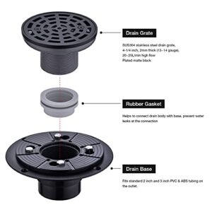 4 1/4 Inch Round Shower Floor Drain Grate with Adjustable Threaded Drain Base Flange, Matte Black