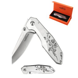 albatross 7" edc simple practical folding knife liner lock pocket knife with 8cr14mov steel blade,rose pattern stainless steel handle,belt clip and orange gift box