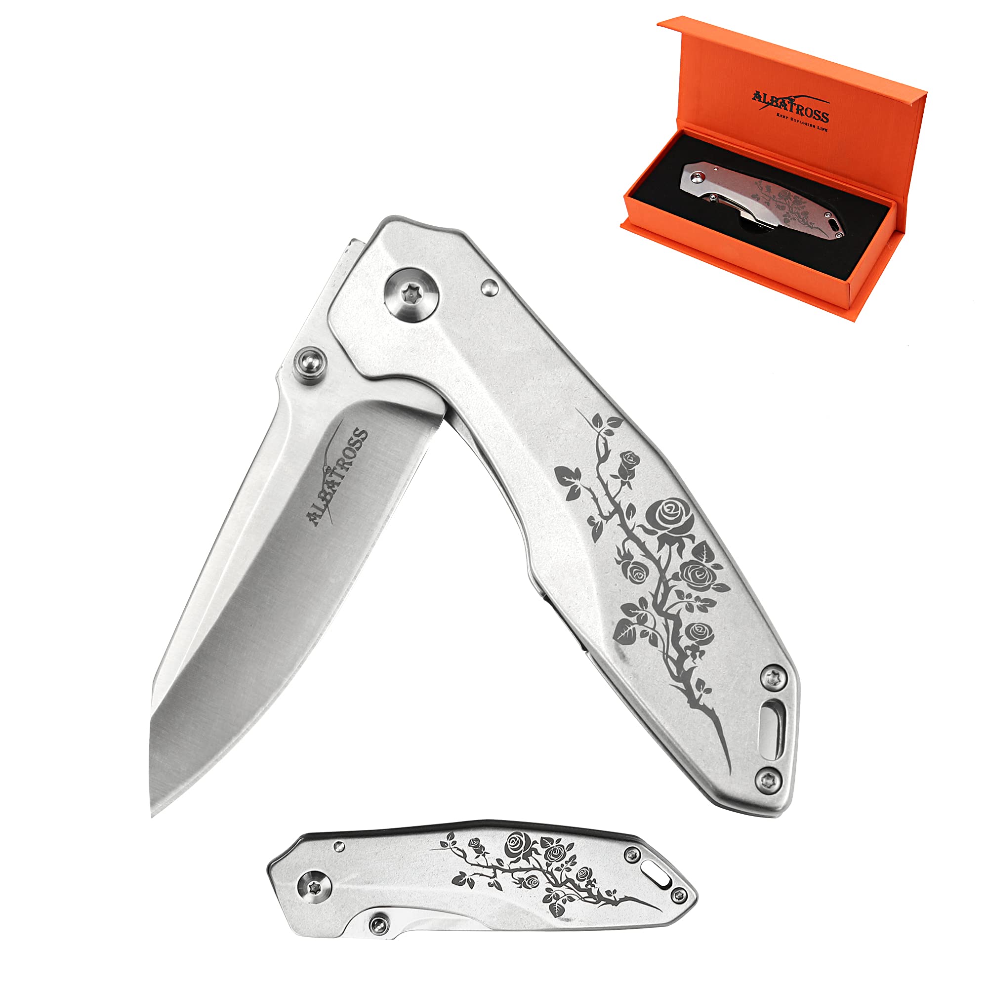 ALBATROSS 7" EDC Simple Practical Folding Knife Liner Lock Pocket Knife with 8Cr14MoV Steel Blade,Rose pattern Stainless steel Handle,Belt Clip and Orange Gift Box