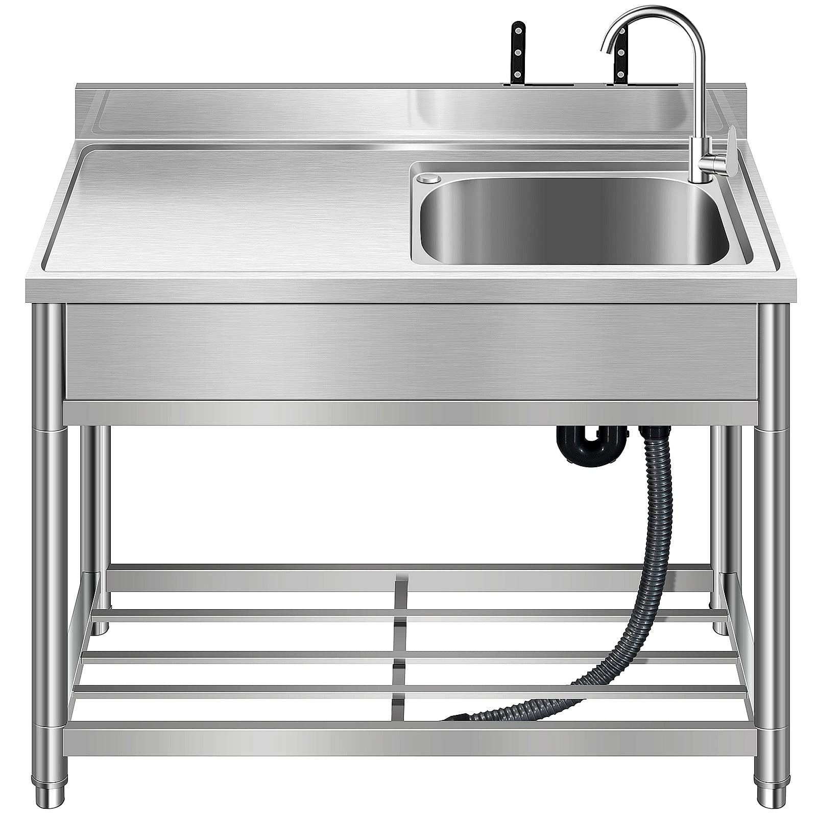 Free Standing Stainless-Steel Single Bowl Commercial Restaurant Kitchen Sink Set w/Faucet & Drainboard, Prep & Utility Washing Hand Basin w/Workbench & Storage Shelves Indoor Outdoor (39 in)