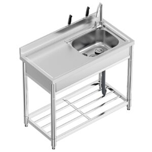 Free Standing Stainless-Steel Single Bowl Commercial Restaurant Kitchen Sink Set w/Faucet & Drainboard, Prep & Utility Washing Hand Basin w/Workbench & Storage Shelves Indoor Outdoor (39 in)