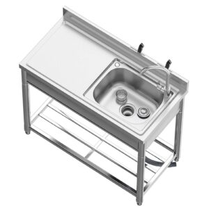 Free Standing Stainless-Steel Single Bowl Commercial Restaurant Kitchen Sink Set w/Faucet & Drainboard, Prep & Utility Washing Hand Basin w/Workbench & Storage Shelves Indoor Outdoor (39 in)