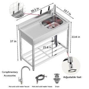 Free Standing Stainless-Steel Single Bowl Commercial Restaurant Kitchen Sink Set w/Faucet & Drainboard, Prep & Utility Washing Hand Basin w/Workbench & Storage Shelves Indoor Outdoor (39 in)