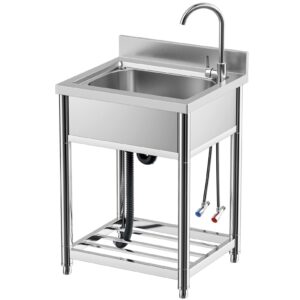 free standing stainless-steel single bowl commercial restaurant kitchen sink set w/faucet, prep & utility washing hand basin w/storage shelve, laundry tub for indoor outdoor (22in)