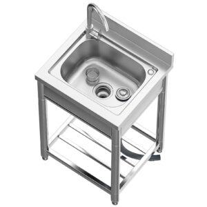 Free Standing Stainless-Steel Single Bowl Commercial Restaurant Kitchen Sink Set w/Faucet, Prep & Utility Washing Hand Basin w/Storage Shelve, laundry tub for Indoor Outdoor (22in)