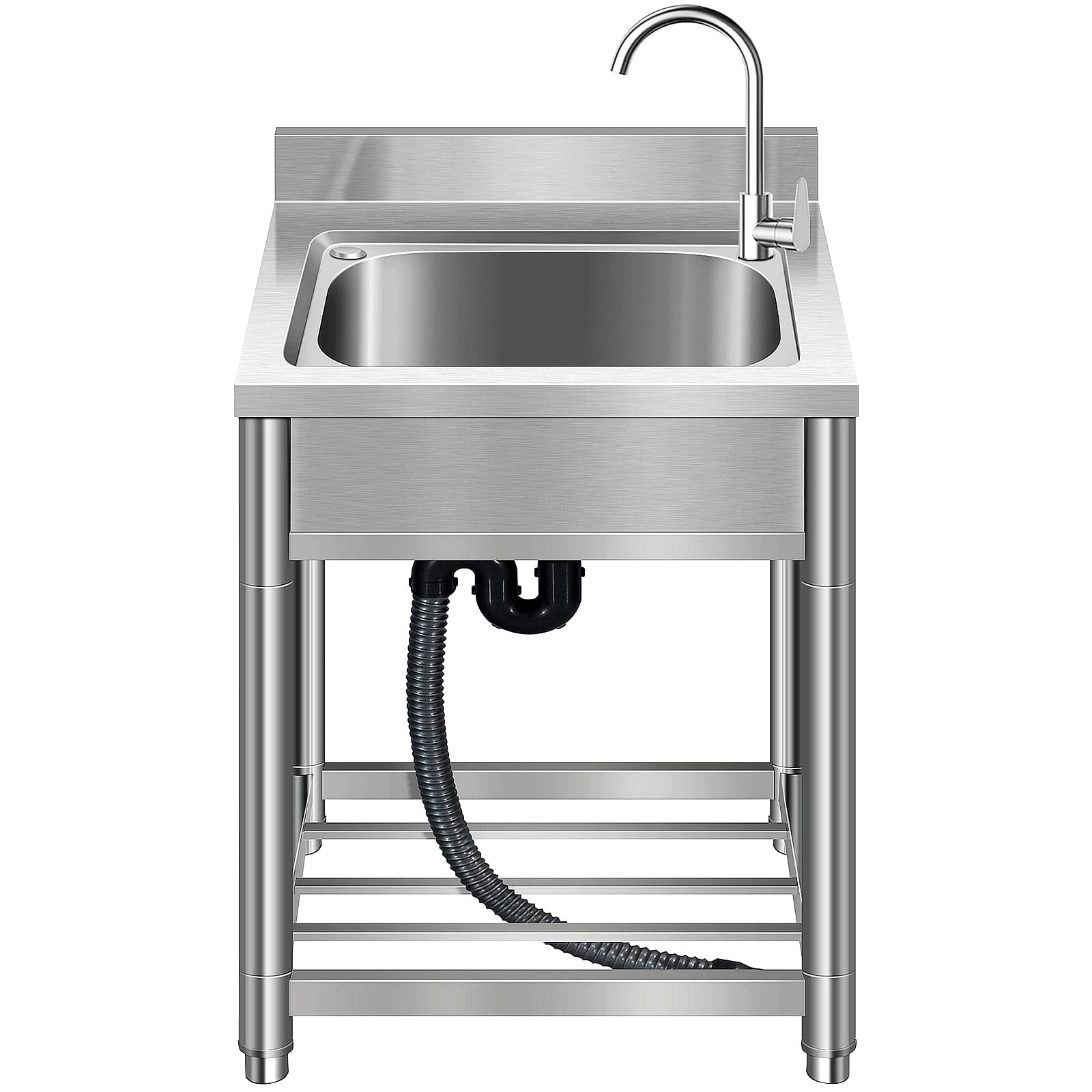 Free Standing Stainless-Steel Single Bowl Commercial Restaurant Kitchen Sink Set w/Faucet, Prep & Utility Washing Hand Basin w/Storage Shelve, laundry tub for Indoor Outdoor (22in)