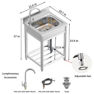 Free Standing Stainless-Steel Single Bowl Commercial Restaurant Kitchen Sink Set w/Faucet, Prep & Utility Washing Hand Basin w/Storage Shelve, laundry tub for Indoor Outdoor (22in)