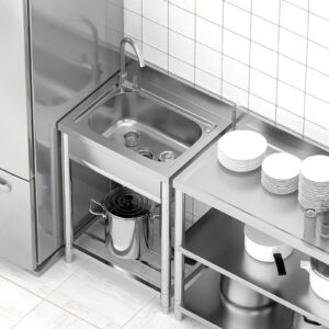 Free Standing Stainless-Steel Single Bowl Commercial Restaurant Kitchen Sink Set w/Faucet, Prep & Utility Washing Hand Basin w/Storage Shelve, laundry tub for Indoor Outdoor (22in)