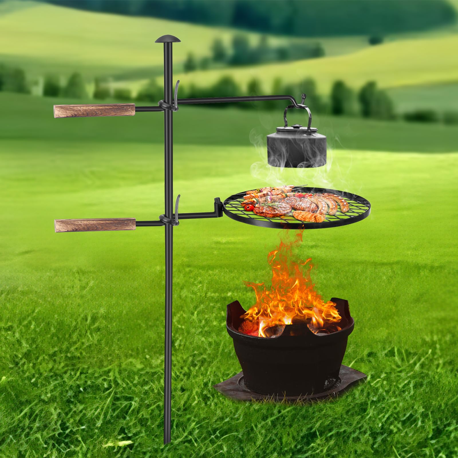 BreeRainz Swivel Campfire Grill,360° Adjustable Camp Grill Over Fire Pit Grill,Multipurpose Cooking Equipment for Camping Outdoor BBQ