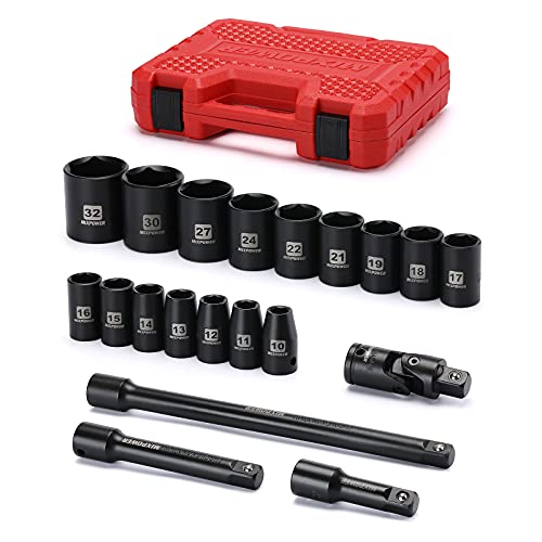 MIXPOWER 1/2-Inch Drive Shallow Impact Socket Set Metric Size 10mm-32mm CR-V 6-Point Mechanic and Repair Project 20-Piece 1/2" Shallow Sockets Set with Extension Bar and Universal Joints