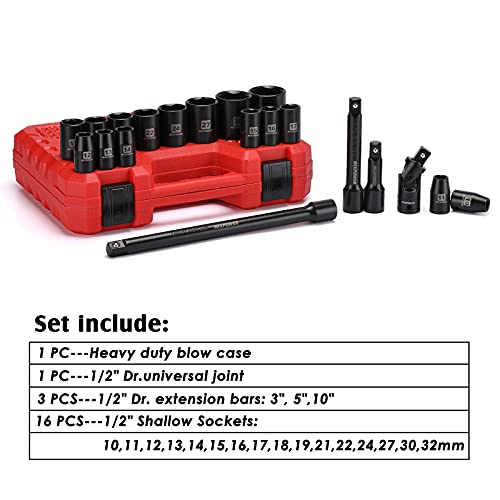 MIXPOWER 1/2-Inch Drive Shallow Impact Socket Set Metric Size 10mm-32mm CR-V 6-Point Mechanic and Repair Project 20-Piece 1/2" Shallow Sockets Set with Extension Bar and Universal Joints