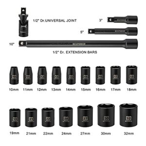 MIXPOWER 1/2-Inch Drive Shallow Impact Socket Set Metric Size 10mm-32mm CR-V 6-Point Mechanic and Repair Project 20-Piece 1/2" Shallow Sockets Set with Extension Bar and Universal Joints