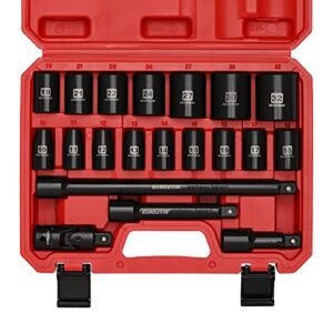 MIXPOWER 1/2-Inch Drive Shallow Impact Socket Set Metric Size 10mm-32mm CR-V 6-Point Mechanic and Repair Project 20-Piece 1/2" Shallow Sockets Set with Extension Bar and Universal Joints