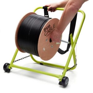 trueCABLE Wire and Cable Caddy with Wheels and Pull Strap, Industrial Grade Steel Wire Dispenser, Holds Cable Reels Up to 20" Diameter and 100 lb Capacity