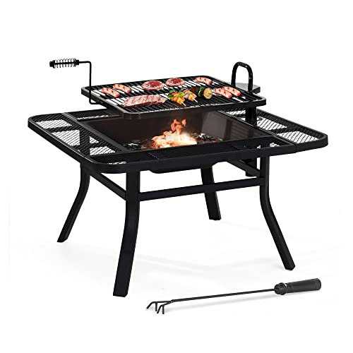 Sunjoy 38 in. Fire Pit for Outside, Square Wood Burning Firepit Large Steel Fire Pits with Adjustable Cooking Swivel BBQ Grill and Fire Poker Black