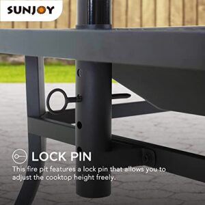 Sunjoy 38 in. Fire Pit for Outside, Square Wood Burning Firepit Large Steel Fire Pits with Adjustable Cooking Swivel BBQ Grill and Fire Poker Black