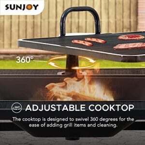 Sunjoy 38 in. Fire Pit for Outside, Square Wood Burning Firepit Large Steel Fire Pits with Adjustable Cooking Swivel BBQ Grill and Fire Poker Black