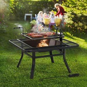 Sunjoy 38 in. Fire Pit for Outside, Square Wood Burning Firepit Large Steel Fire Pits with Adjustable Cooking Swivel BBQ Grill and Fire Poker Black