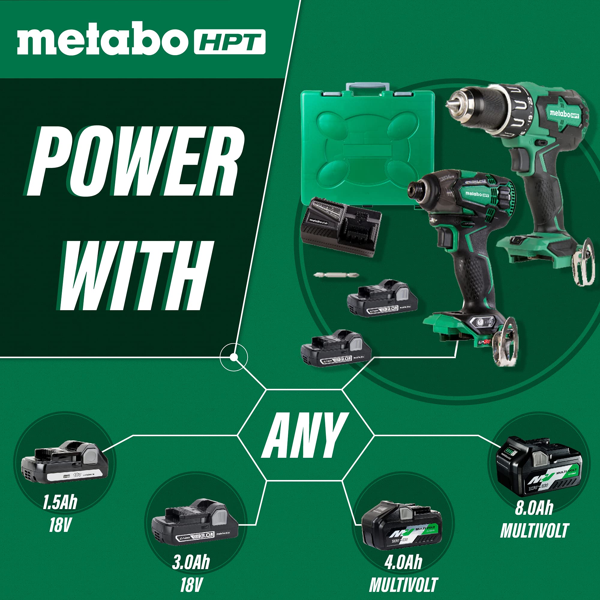 Metabo HPT 18V MultiVolt Hammer Drill and Triple Hammer Impact Driver Cordless Combo Kit | Lifetime Tool Warranty | KC18DBFL2C