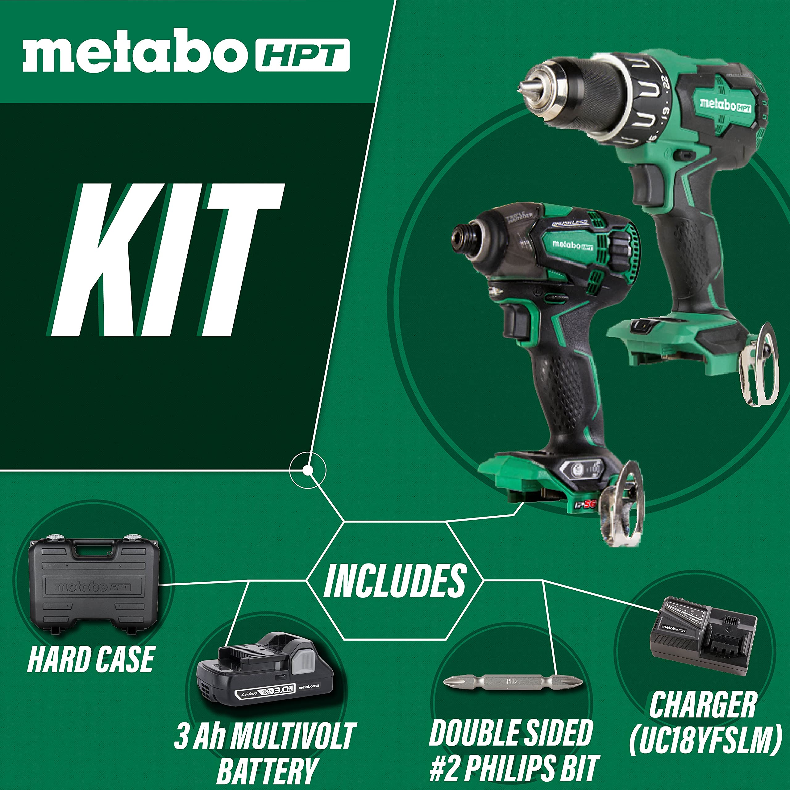 Metabo HPT 18V MultiVolt Hammer Drill and Triple Hammer Impact Driver Cordless Combo Kit | Lifetime Tool Warranty | KC18DBFL2C