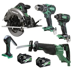 metabo hpt 18v/36v multivolt 5-piece cordless tool combo kit | hammer drill | triple hammer impact driver | circular saw | reciprocating saw | work light | kc18dbfl2qd, green