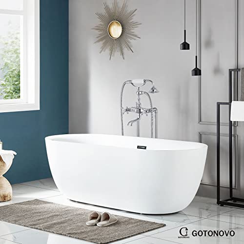 gotonovo Freestanding Bathtub Faucet Polished Chrome Floor Mount Tub Filler Double Cross Knobs Bathroom Mixing Tap with Handheld Shower Telephone Shape