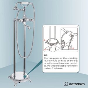 gotonovo Freestanding Bathtub Faucet Polished Chrome Floor Mount Tub Filler Double Cross Knobs Bathroom Mixing Tap with Handheld Shower Telephone Shape