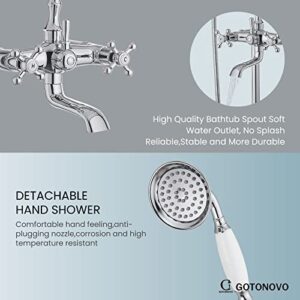 gotonovo Freestanding Bathtub Faucet Polished Chrome Floor Mount Tub Filler Double Cross Knobs Bathroom Mixing Tap with Handheld Shower Telephone Shape