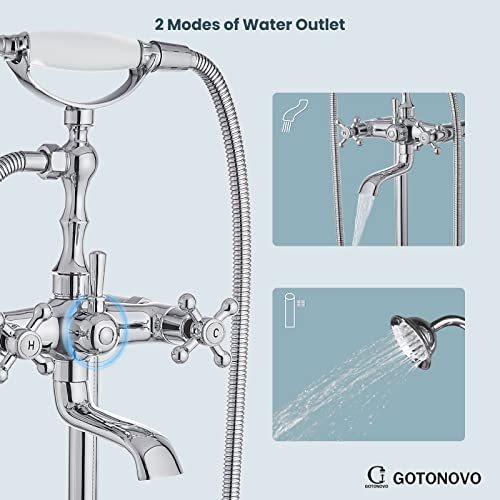 gotonovo Freestanding Bathtub Faucet Polished Chrome Floor Mount Tub Filler Double Cross Knobs Bathroom Mixing Tap with Handheld Shower Telephone Shape