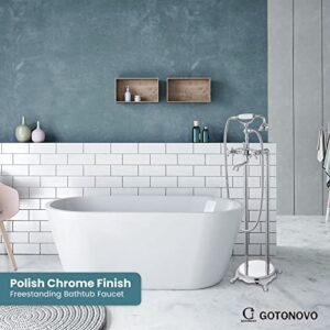 gotonovo Freestanding Bathtub Faucet Polished Chrome Floor Mount Tub Filler Double Cross Knobs Bathroom Mixing Tap with Handheld Shower Telephone Shape