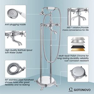 gotonovo Freestanding Bathtub Faucet Polished Chrome Floor Mount Tub Filler Double Cross Knobs Bathroom Mixing Tap with Handheld Shower Telephone Shape