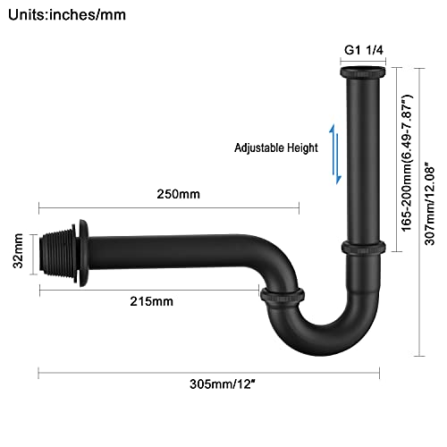 GORDEE Bathroom Basin Sink Bottle P Trap, Brass U-Shape 1-1/4 inch Slip Inlet Drain, Lavatory Adjustable Height Sink Waste Drain P-Trap Kit, Pls Measure ur Sink Hole Size Before Order, Matte Black