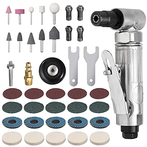 EYPINS Compressed Air Angle Die Grinder 1/4" 90 Degree Mini Sander Grinder Polisher Tool Set with Grinding Stones and Sanding Discs for Contour Grinding, Polishing, Milling