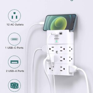 Surge Protector 5 Outlet Extender with 4 USB Charging Ports (1 USB C Outlet) 3 Sided 1800J Power Strip and Addtam Surge Protector Wall Mount with 12 Outlet Extender- 3 Sides and 3 USB Ports (1 USB-C)