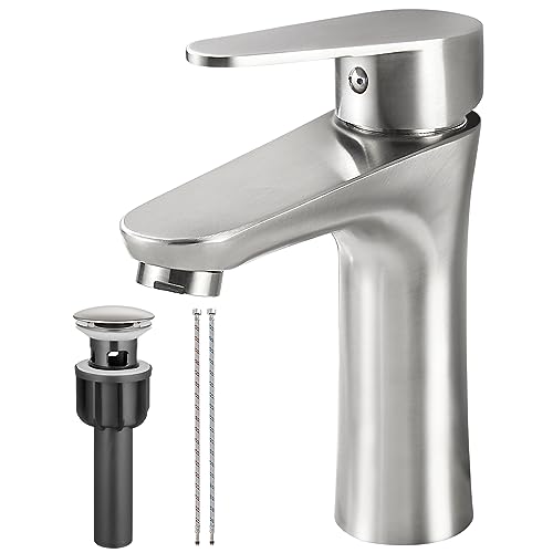 Heyalan Brushed Nickel Bathroom Faucet Single Handle 1 Hole SUS304 Stainless Steel Deck Mount Lavatory Single Switch Basin Sink Hot and Cold Water Mixer Tap with Pop Up Drain