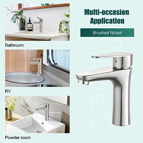 Heyalan Brushed Nickel Bathroom Faucet Single Handle 1 Hole SUS304 Stainless Steel Deck Mount Lavatory Single Switch Basin Sink Hot and Cold Water Mixer Tap with Pop Up Drain