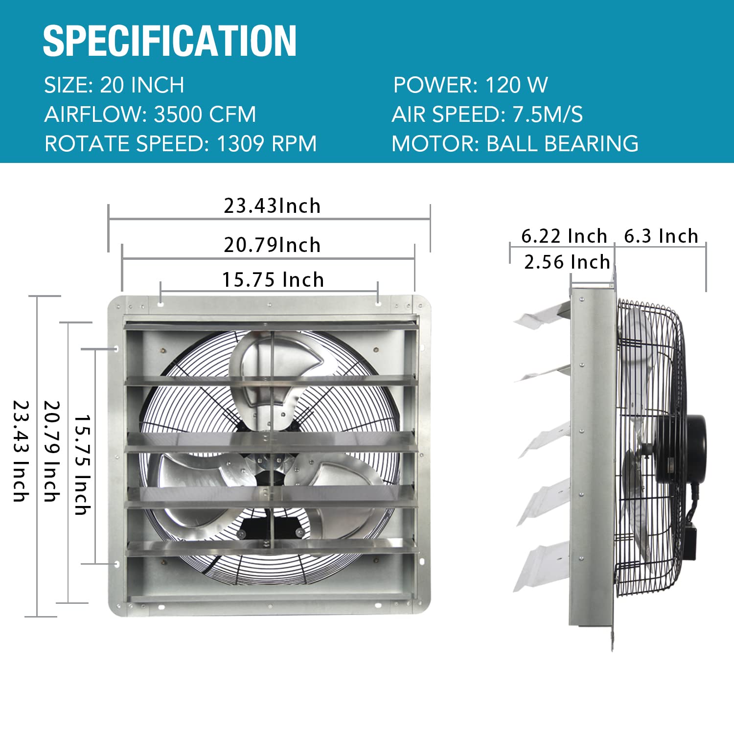 VENTISOL 20 Inch Shutter Exhaust Fan Wall Mounted, Aluminum with 1.65 Meters Power Cord Kit,High Speed 3500CFM, Ventilation fan for Garage,Greenhouse,Attic,Shed,Shop，Black