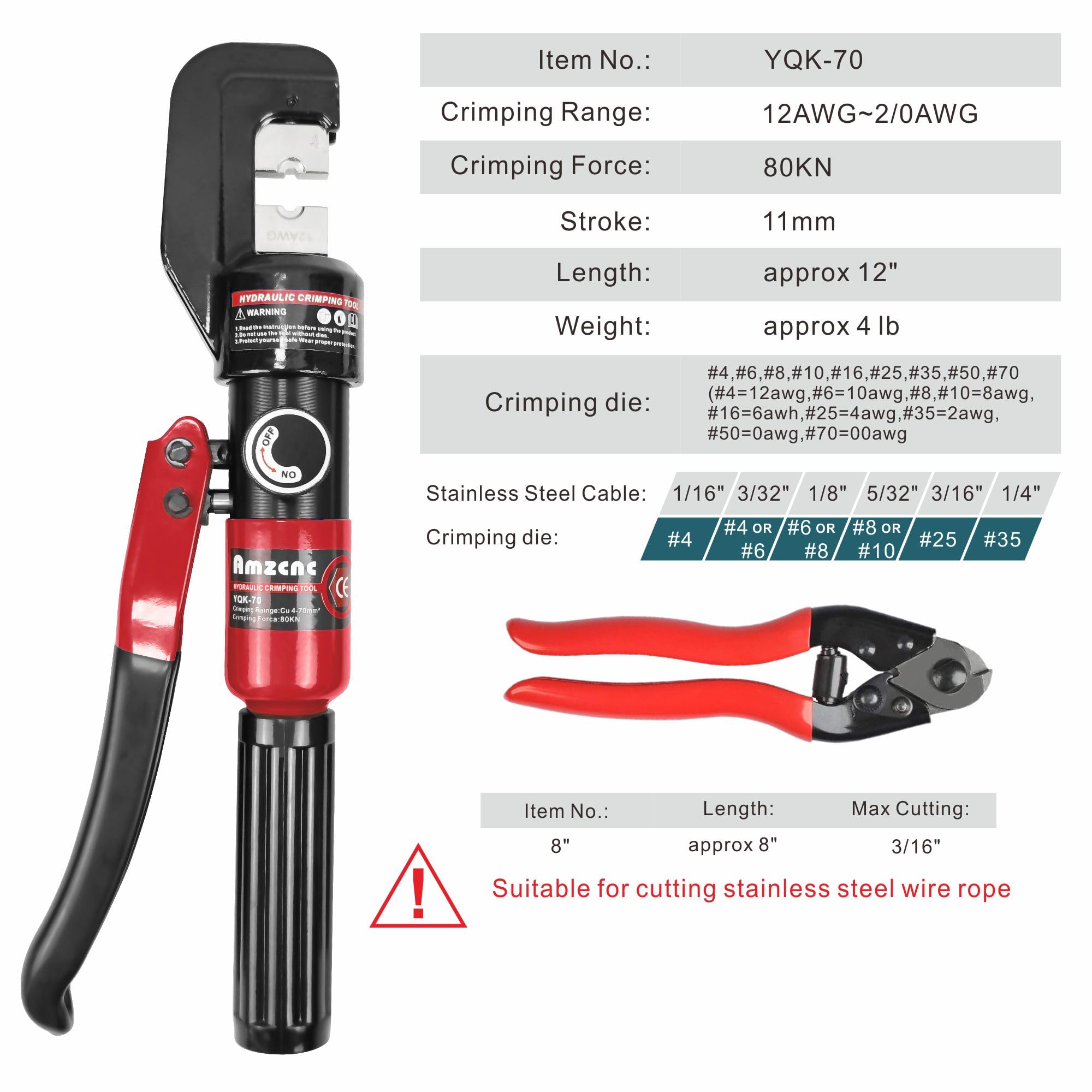 AMZCNC Hydraulic Hand Crimper Tool for Stainless Steel Cable Railing Fittings for 1/16" 1/8" 3/16" 1/4" Cable –Wire Swaging Tool 8 Ton and Stainless Steel Cable Cutter