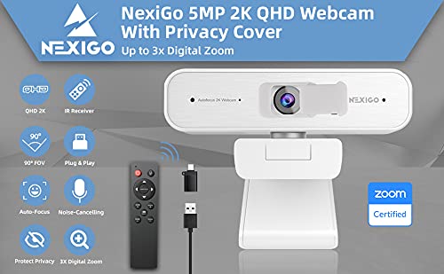 NexiGo Zoom Certified, N940P 2K Zoomable Webcam with Remote and Software Controls | Sony Starvis Sensor | 1080P@ 60FPS | 3X Zoom in | Dual Stereo Microphone, for Zoom/Skype/Teams/Webex (White)