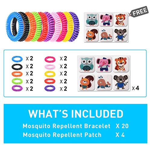 Mosquito Bracelet 20 Pack with 4 Patches, Waterproof Bug Repellent Wrist Bands, Fit for Kids & Adults, Natural Ingredients and Deet-Free,pest Control, Safe Indoor Outdoor Protection