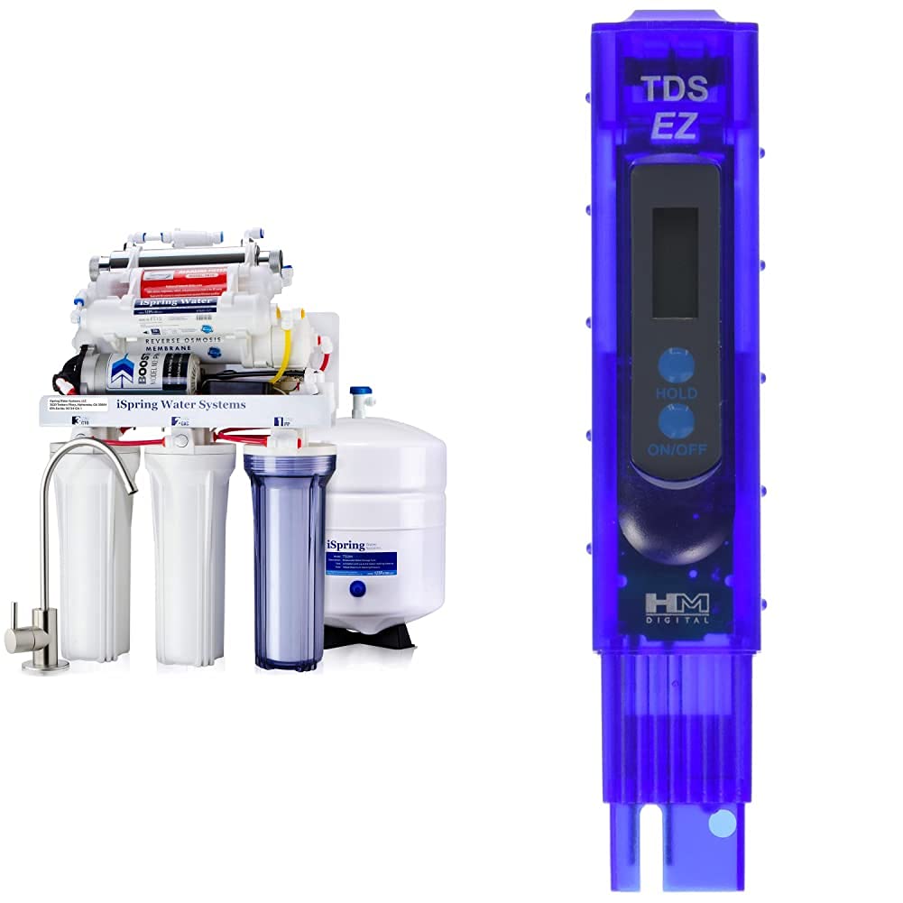 iSpring RCC1UP-AK 100GPD Under Sink 7-Stage Reverse Osmosis RO Drinking Filtration System and Ultimate Water Softener,White & HM Digital TDS-EZ Water Quality TDS Tester, 0-9990 ppm Measurement Range