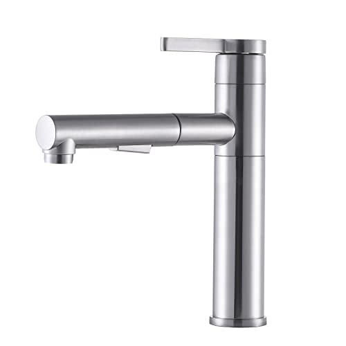 VCCUCINE Pull Out Kitchen Faucet, Single Lever Handle Stainless Steel Small Kitchen Sink Faucet with Sprayer, Brushed Nickel Low Arc RV Utility Outdoor Laundry Bar Sink Faucet