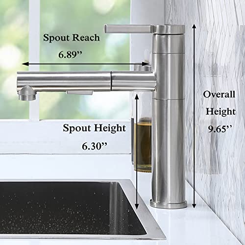 VCCUCINE Pull Out Kitchen Faucet, Single Lever Handle Stainless Steel Small Kitchen Sink Faucet with Sprayer, Brushed Nickel Low Arc RV Utility Outdoor Laundry Bar Sink Faucet