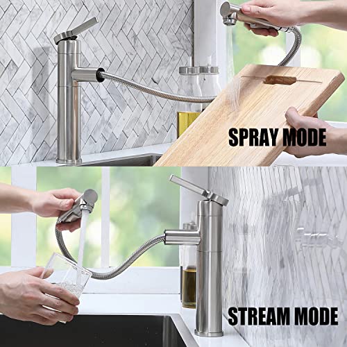 VCCUCINE Pull Out Kitchen Faucet, Single Lever Handle Stainless Steel Small Kitchen Sink Faucet with Sprayer, Brushed Nickel Low Arc RV Utility Outdoor Laundry Bar Sink Faucet