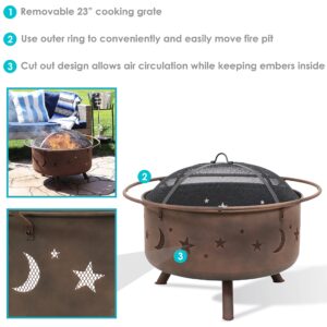 Sunnydaze 30-Inch Cosmic Fire Pit with Cooking Grill Grate, Spark Screen, and Fireplace Poker and Round Gray/Black Heavy-Duty 300D Polyester 2-Tone 30-Inch x 12-Inch Outdoor Fire Pit Cover Bundle