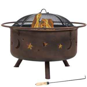 Sunnydaze 30-Inch Cosmic Fire Pit with Cooking Grill Grate, Spark Screen, and Fireplace Poker and Round Gray/Black Heavy-Duty 300D Polyester 2-Tone 30-Inch x 12-Inch Outdoor Fire Pit Cover Bundle