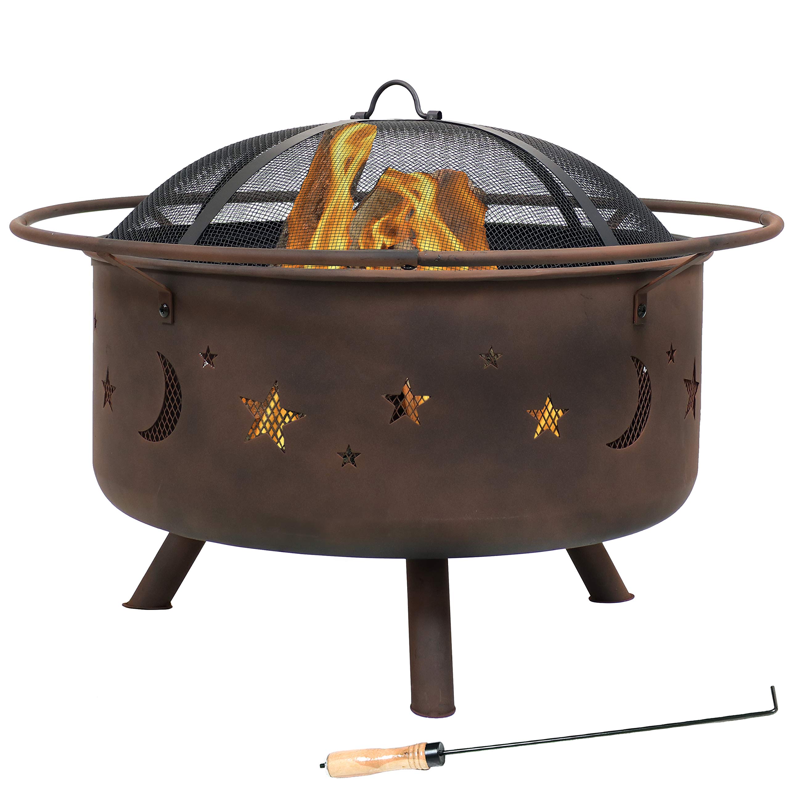 Sunnydaze 30-Inch Cosmic Fire Pit with Cooking Grill Grate, Spark Screen, and Fireplace Poker and Round Gray/Black Heavy-Duty 300D Polyester 2-Tone 30-Inch x 12-Inch Outdoor Fire Pit Cover Bundle