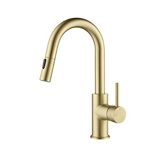 KIBI Single Handle Pull Down Faucet for Kitchen Sink | Solid Brass High Arc Faucet Spout | Kitchen Faucet with Pull Down Sprayer (Brushed Gold) (KKF2011)