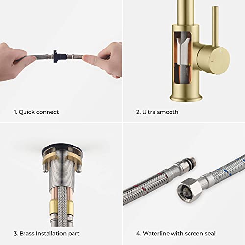 KIBI Single Handle Pull Down Faucet for Kitchen Sink | Solid Brass High Arc Faucet Spout | Kitchen Faucet with Pull Down Sprayer (Brushed Gold) (KKF2011)